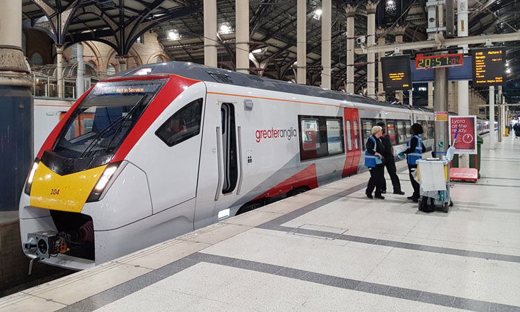 First 12-carriage Greater Anglia electric train arrives at Liverpool Street